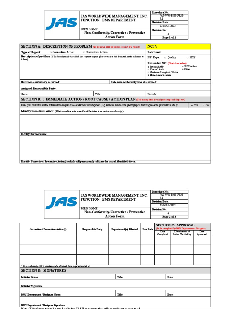 Jas Ww Bms Frm 5 1 Non Conformity Corrective Preventive Action Form Download Free Pdf