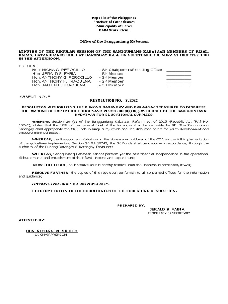 SK Resolution | PDF | Government | Philippines