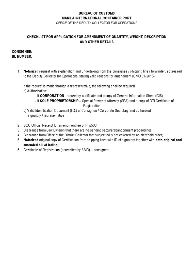Customs Amendment Application Checklist | PDF | Identity Document ...