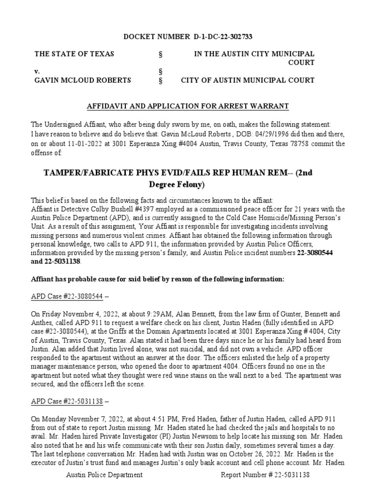 Gavin McCloud Roberts - Tampering Warrant | PDF