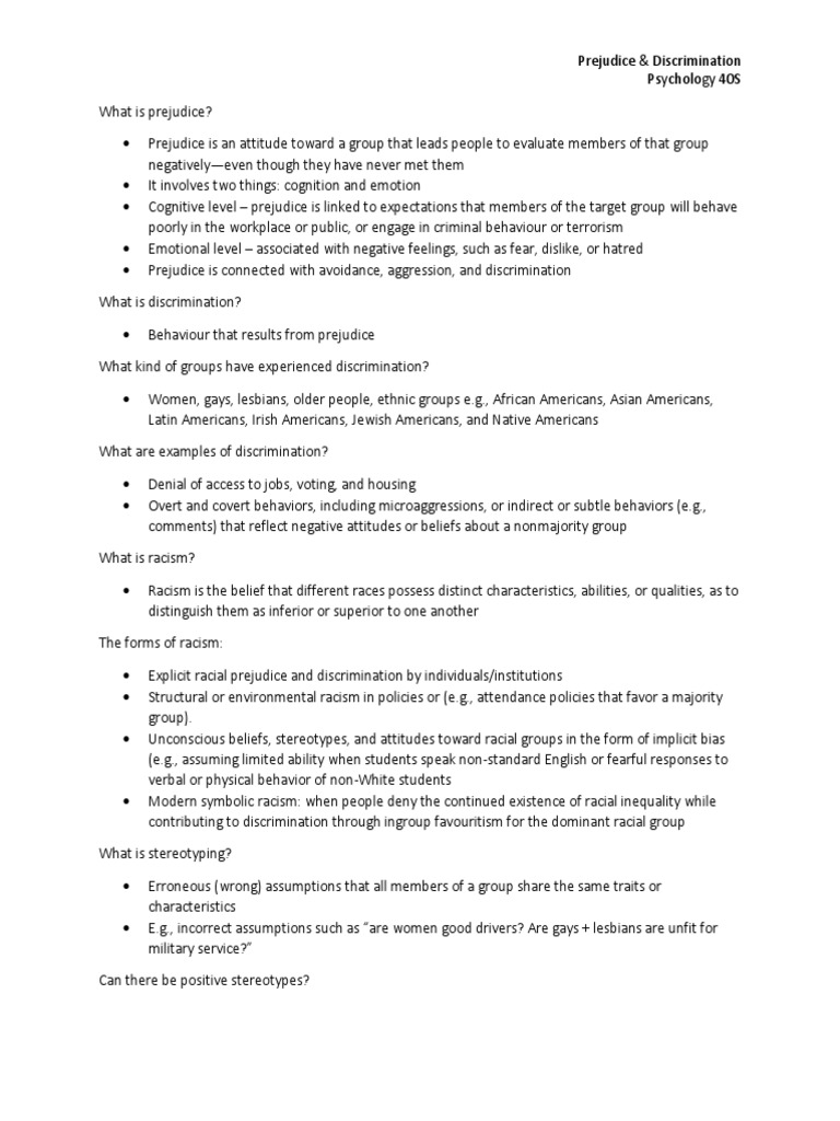 Discrimination Prejudice Notes | PDF | Prejudices | Discrimination ...