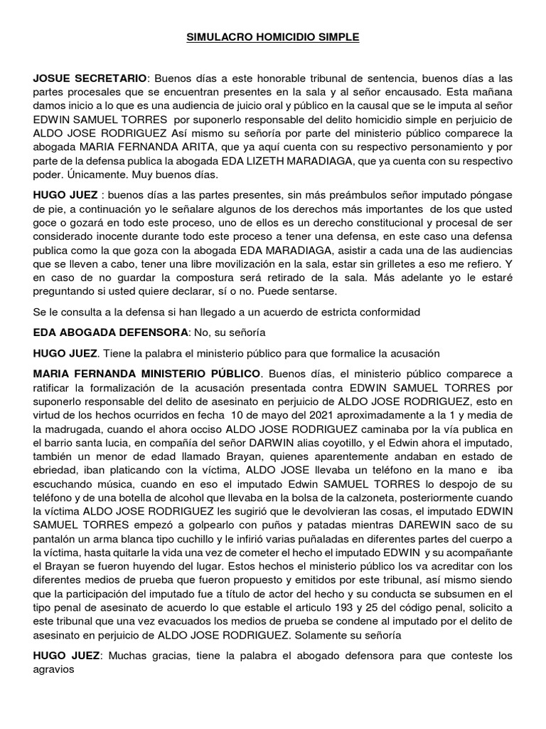 Simulacro Homicidio Simple | PDF | Sentencia (ley) | Testigo