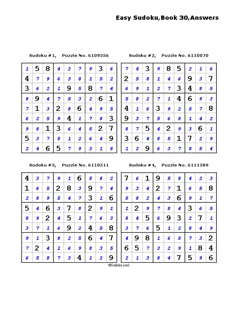 Easy Sudoku, Book 30, Answers: Sudoku #1, Puzzle No. 6109356 Sudoku #2 ...