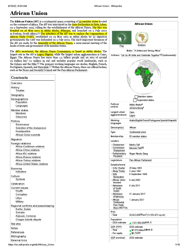 African Union - Wikipedia | PDF | African Union | Continental Unions