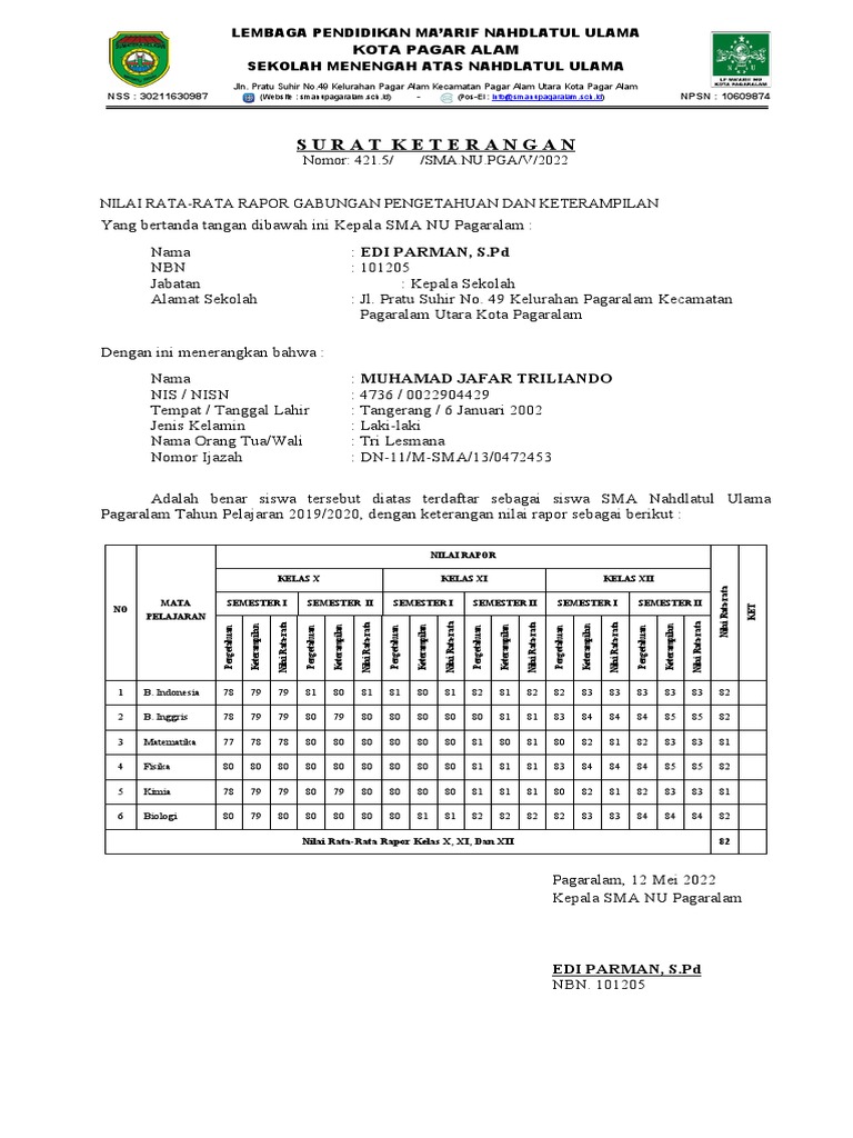 Surat Keterangan Siswa Kepala Sekolah Nilai Rata Rata | PDF