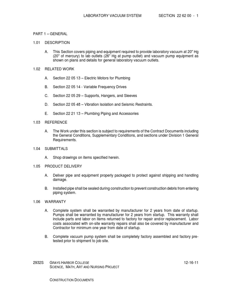 SEC 226200 Laboratory Vacuum System | PDF | Pipe (Fluid Conveyance) | Construction