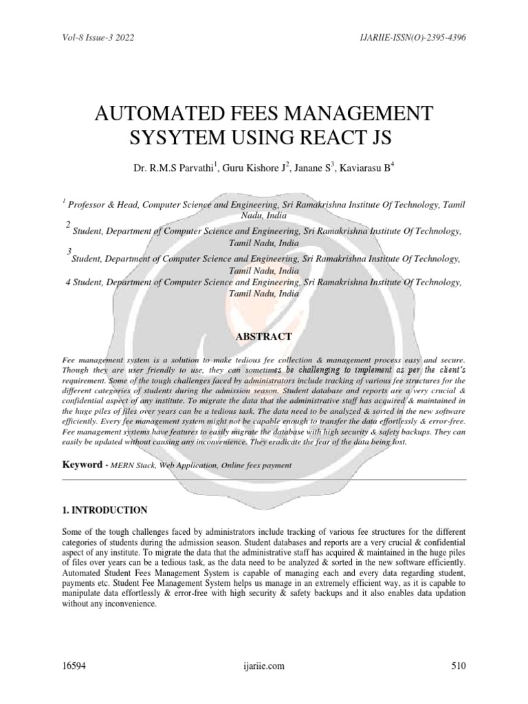 Automated Fees Management System Using React JS Ijariie16594 | PDF