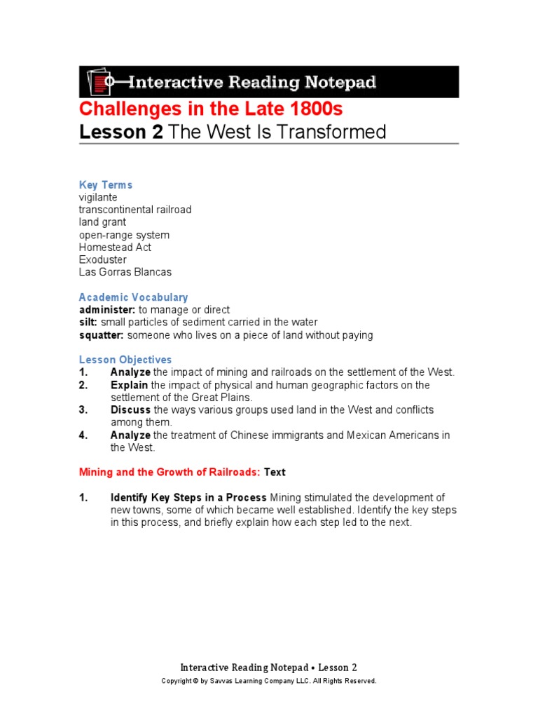 Challenges in The Late 1800s: Lesson 2 The West Is Transformed | PDF ...