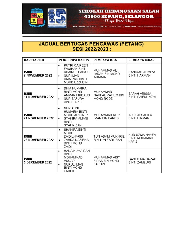 Jadual Bertugas Pengawas | PDF