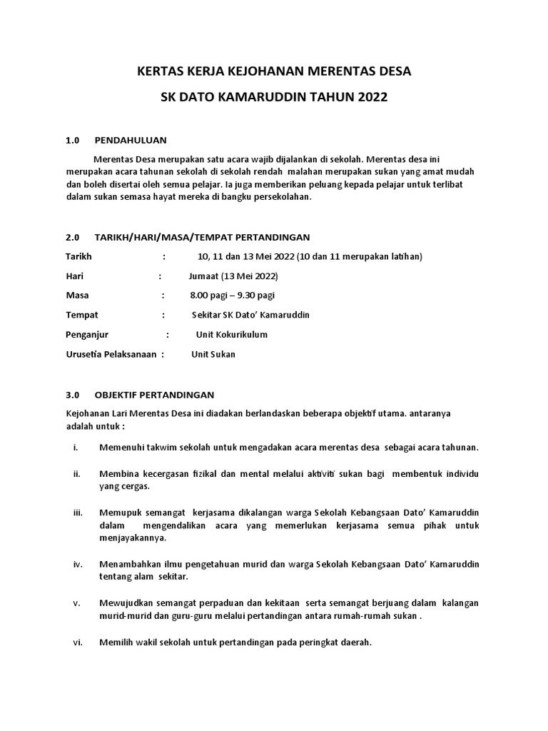 Kertas Kerja Kejohanan Merentas Desa SK Dato Kamaruddin Tahun 2022 | PDF