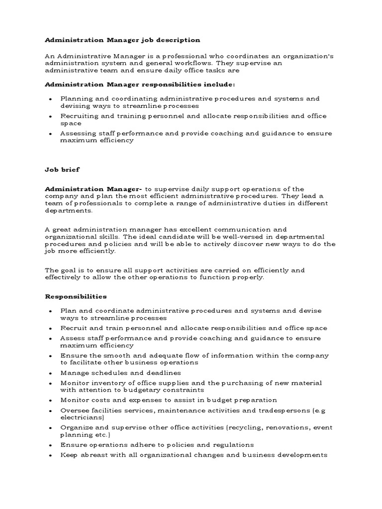 Administration Manager Job | PDF | Incentive | Employment