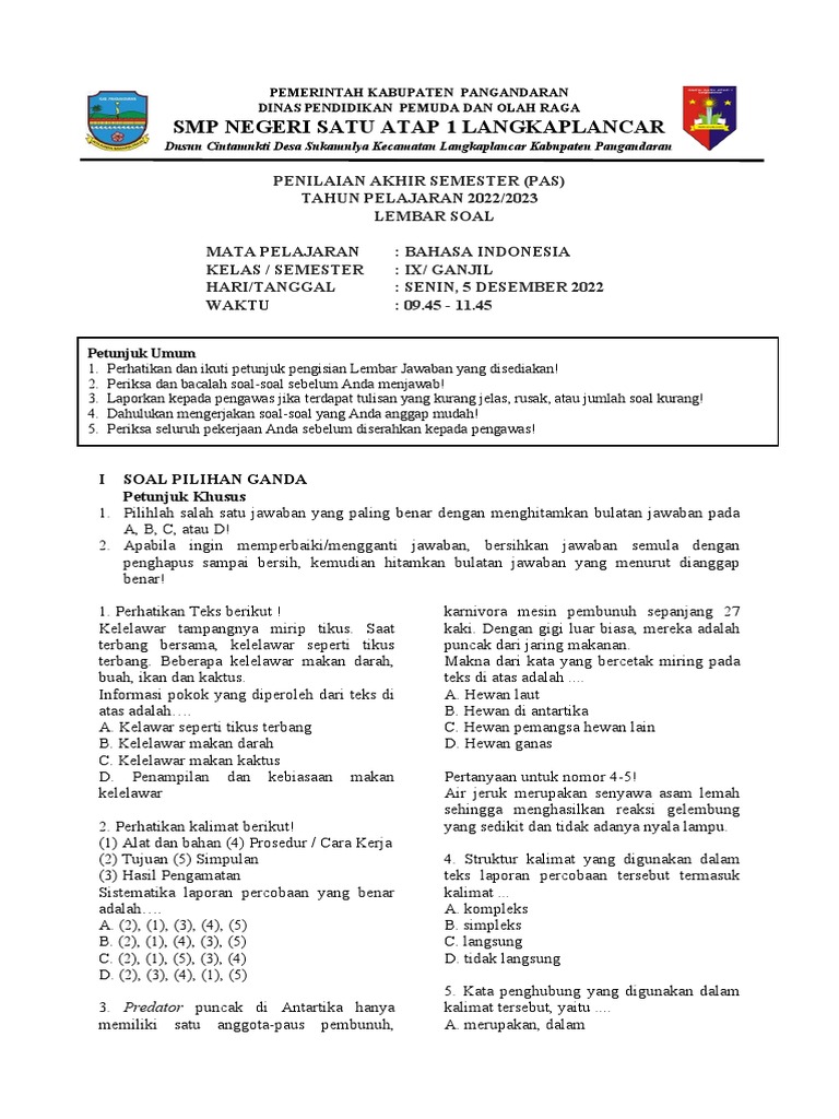 Soal Pas Kelas 9 Semester 1 | PDF