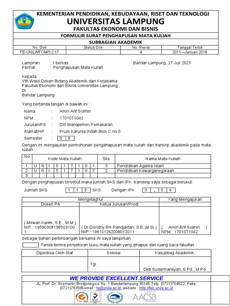 6 - Formulir Permohonan Penghapusan Mata Kuliah 1 1 | PDF