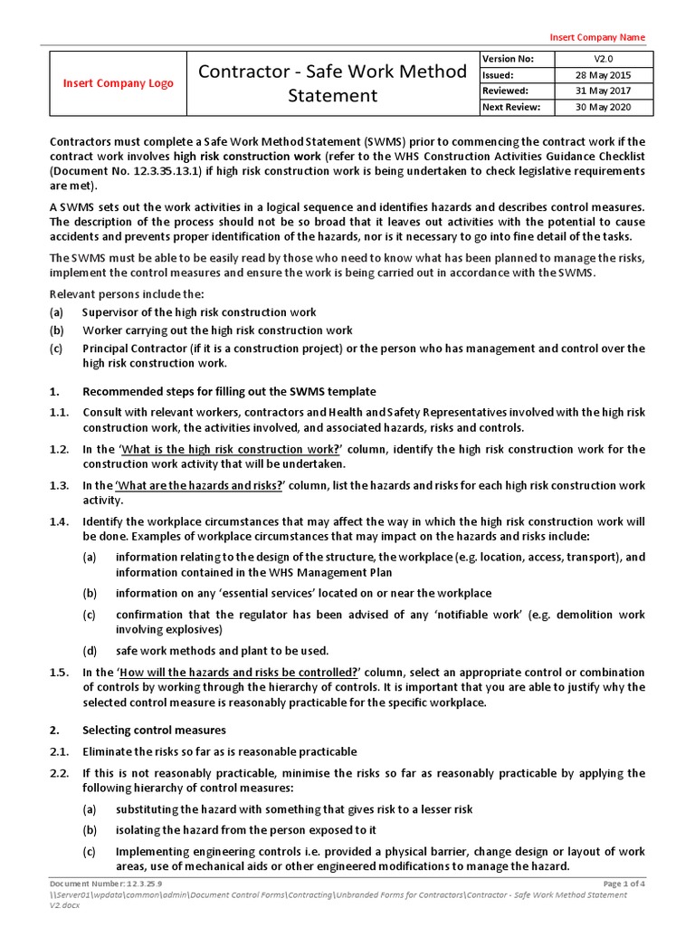 Contractor Safe Work Method Statement | PDF | Risk | Occupational ...