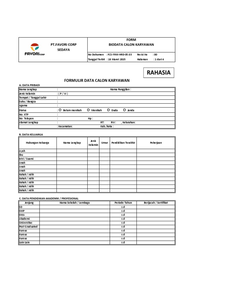 Form Bio Data Calon Karyawan Pdf
