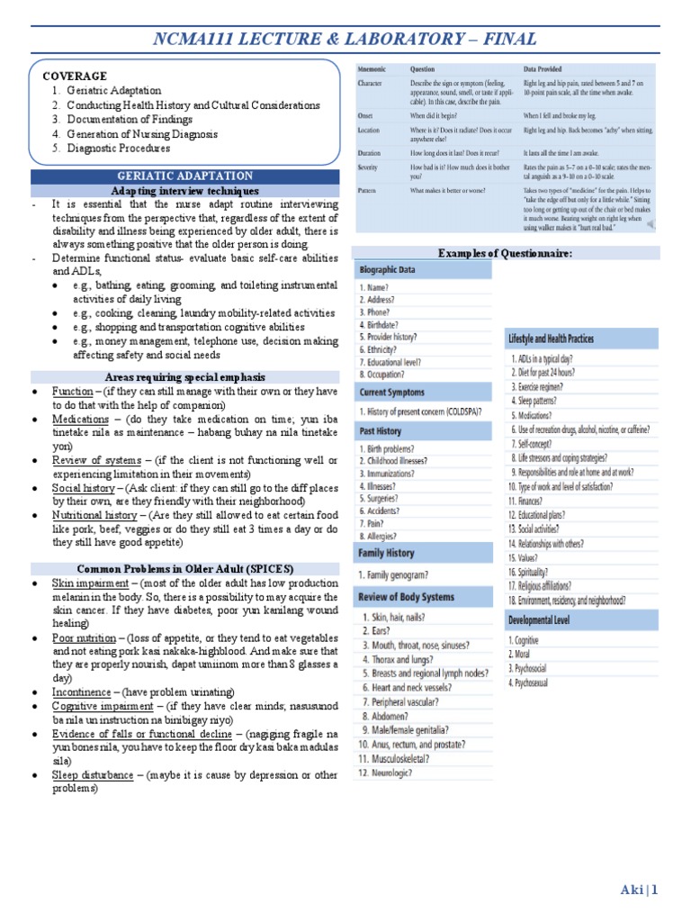 Ncma111 Lecture & Laboratory - Final: Geriatic Adaptation | PDF | Pulse | Blood Pressure