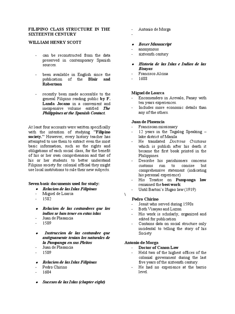Filipino Class Structure in The Sixteenth Century | PDF | Philippines ...