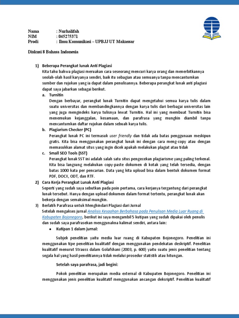 Diskusi 8 Bahasa Indonesia UT | PDF