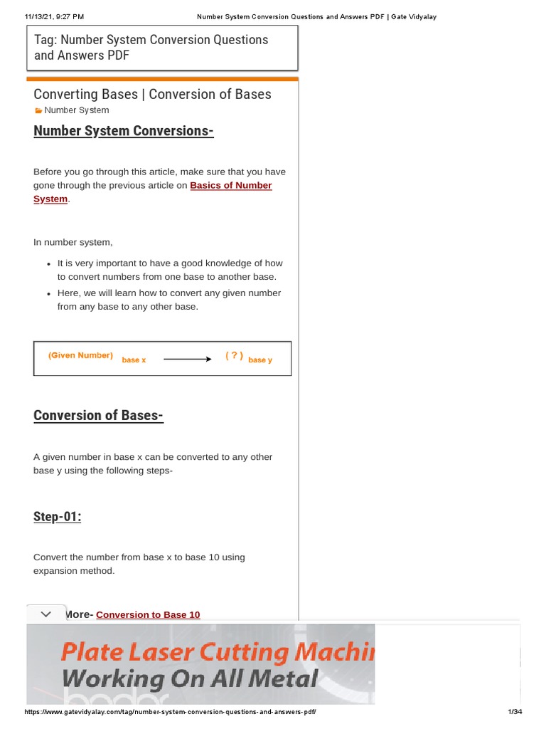 Number System Conversion Questions and Answers PDF - Gate Vidyalay ...