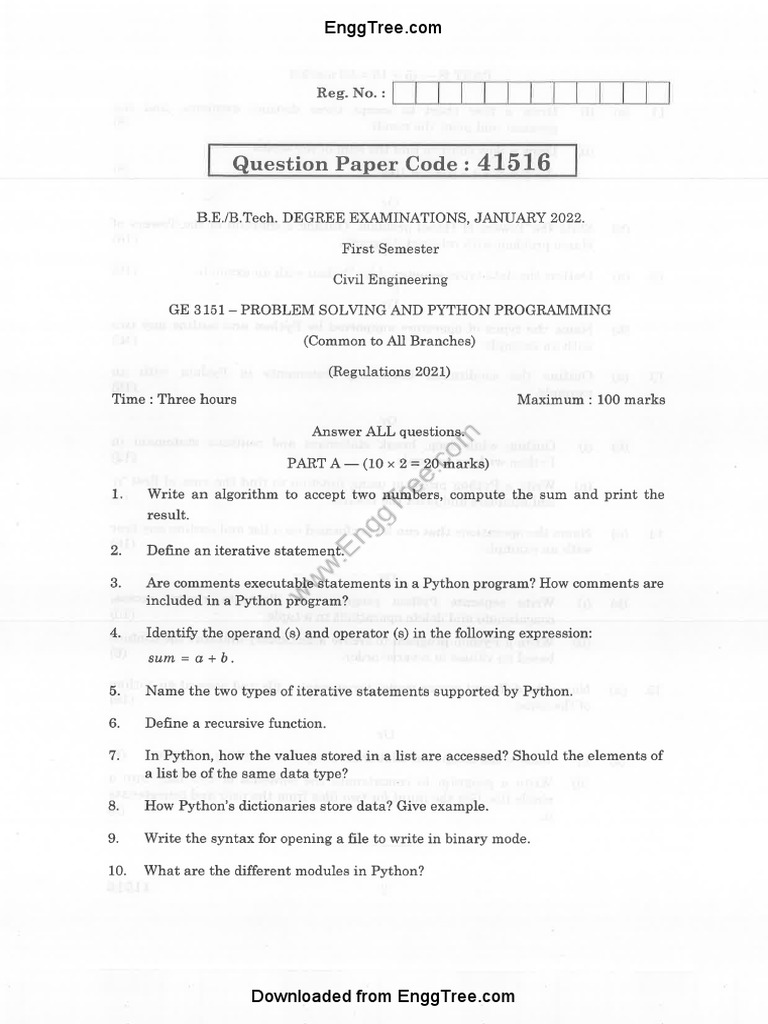 GE3151 Problem Solving and Python Programming Jan 2022 Question Paper Download | PDF