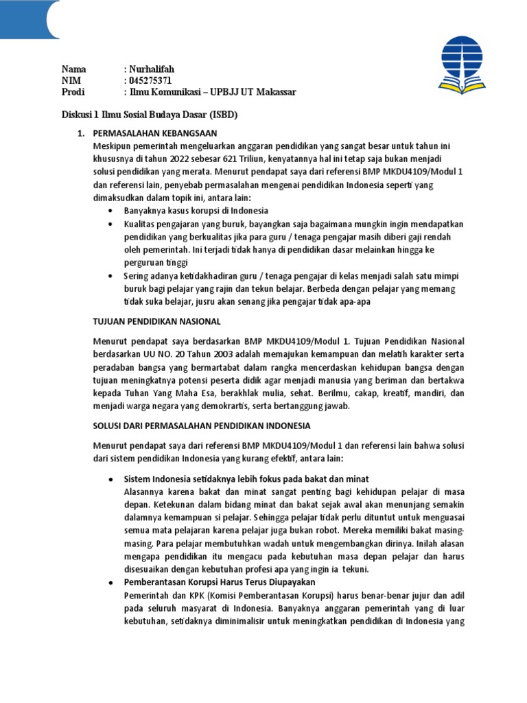 Diskusi 1 Ilmu Sosial Budaya Dasar (ISBD) UT | PDF