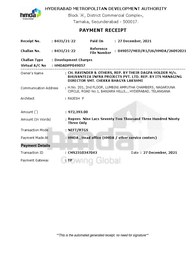 Bhuvanteza Happy Homes Hmda Fee Receipts | PDF | Financial Services | Payments