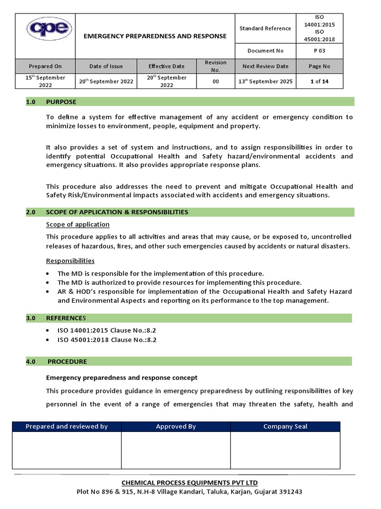 P 03 - Procedure For Emergency Preparedness and Response | PDF ...