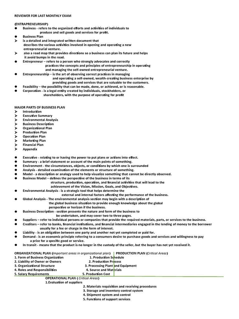 Reviewer For Last Monthly Exam | PDF | Entrepreneurship | Equity (Finance)
