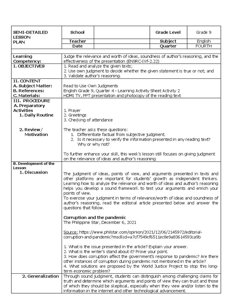Grade 9 DLP May 16 20 2022 | PDF | Judgment (Law) | Corruption