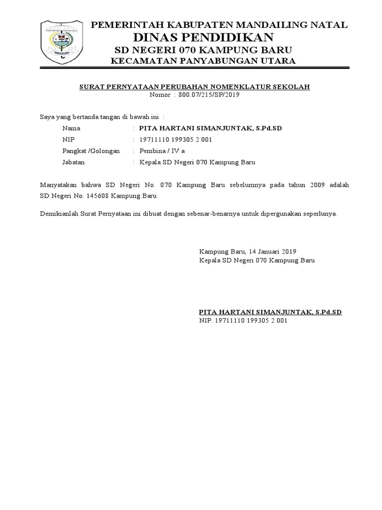 Surat Keterangan Perubahan Nomenklatur SDN 070 Kampung Baru | PDF