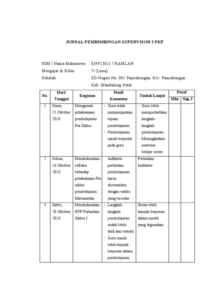 Jurnal Pembimbingan Supervisor 2 PKP Kak Ramlah | PDF