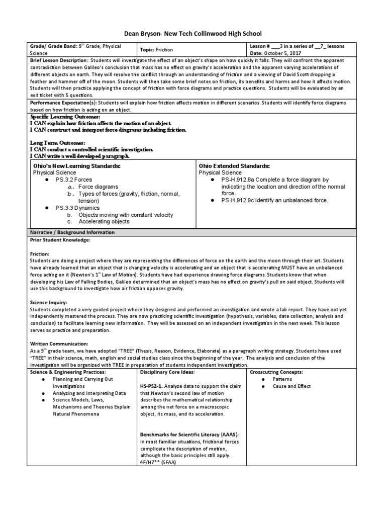 Friction Lesson Plan 5E | PDF | Force | Mass