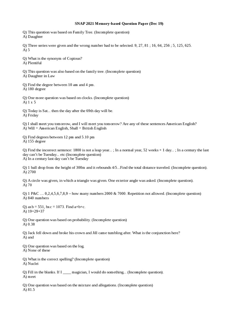 Snap-question-paper-2021-Memory Based | PDF