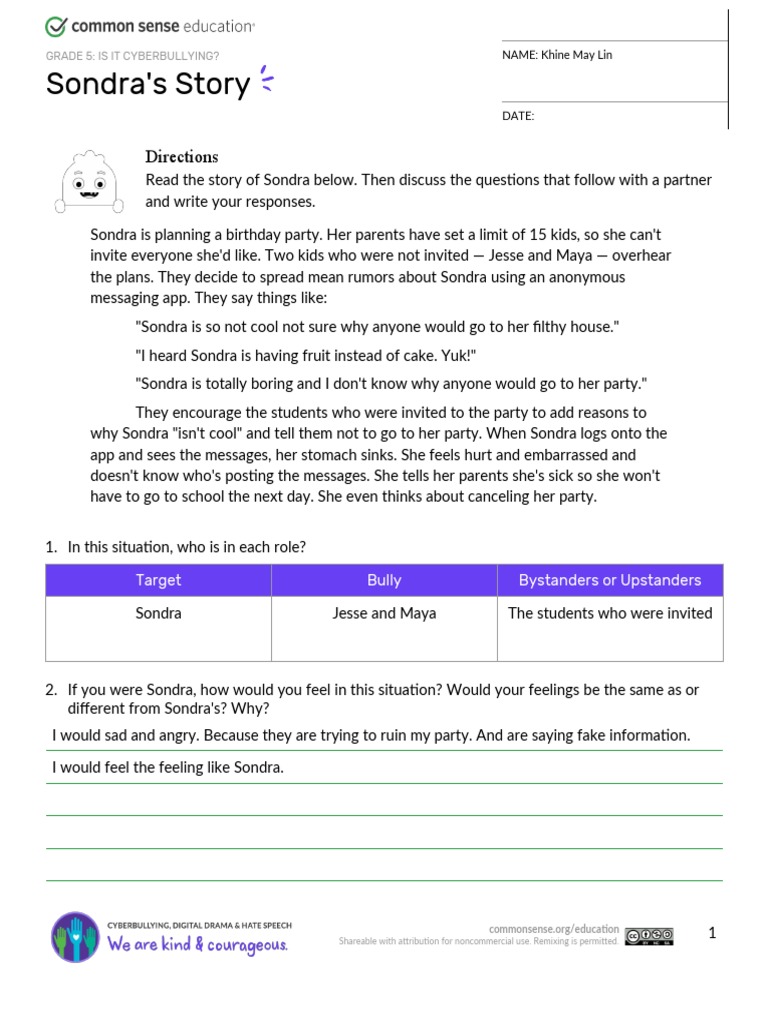 Is It Cyberbullying - Sondra's Story Student Handout | PDF | Cyberbullying