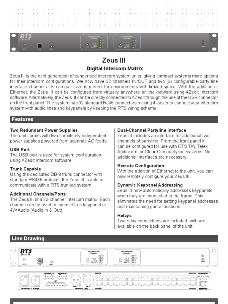RTS Zeus III Technical Data Sheet | PDF | Usb | Computer Engineering