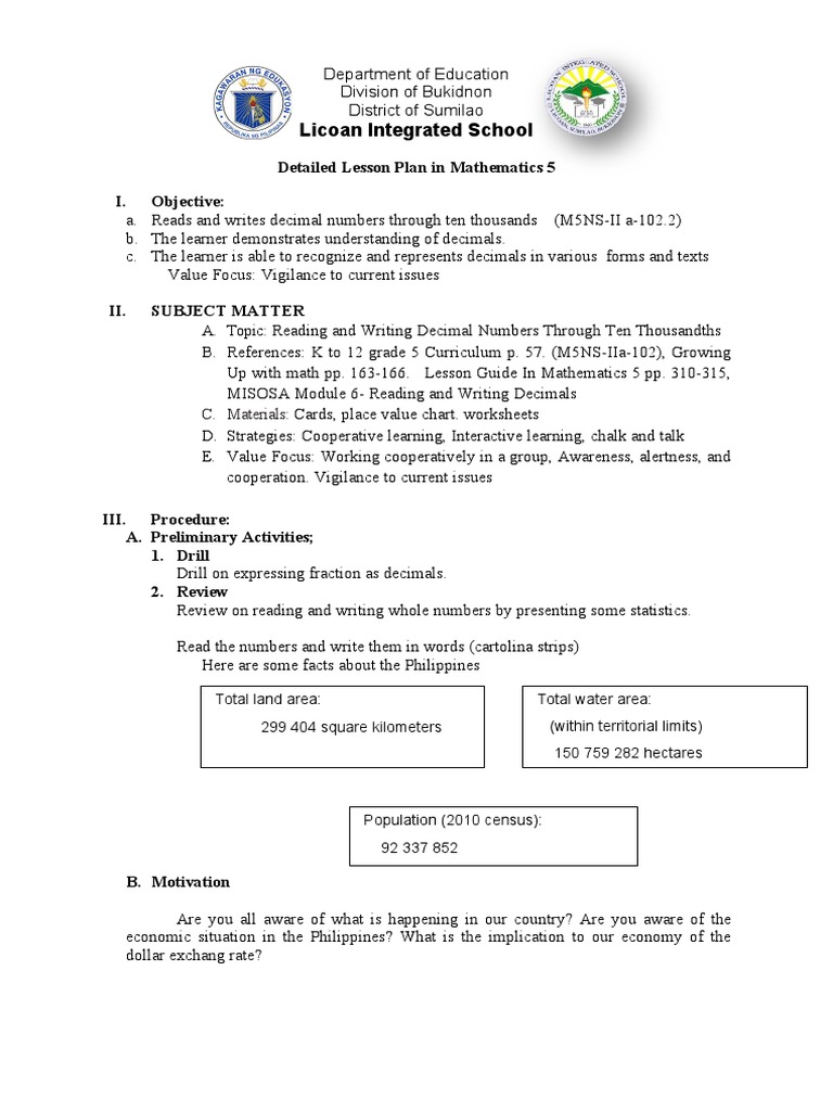 Decimal Numbers Lesson Plan for Grade 5 | PDF | Numbers | Lesson Plan