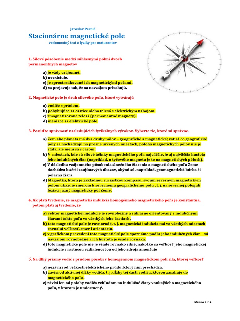 Stacionárne magnetické pole (vedomostný test) s výsledkami | PDF