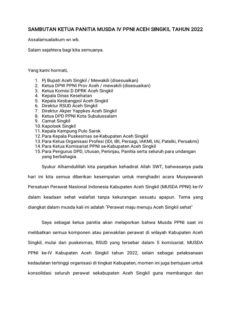 Sambutan Ketua Panitia Musda Ppni | PDF