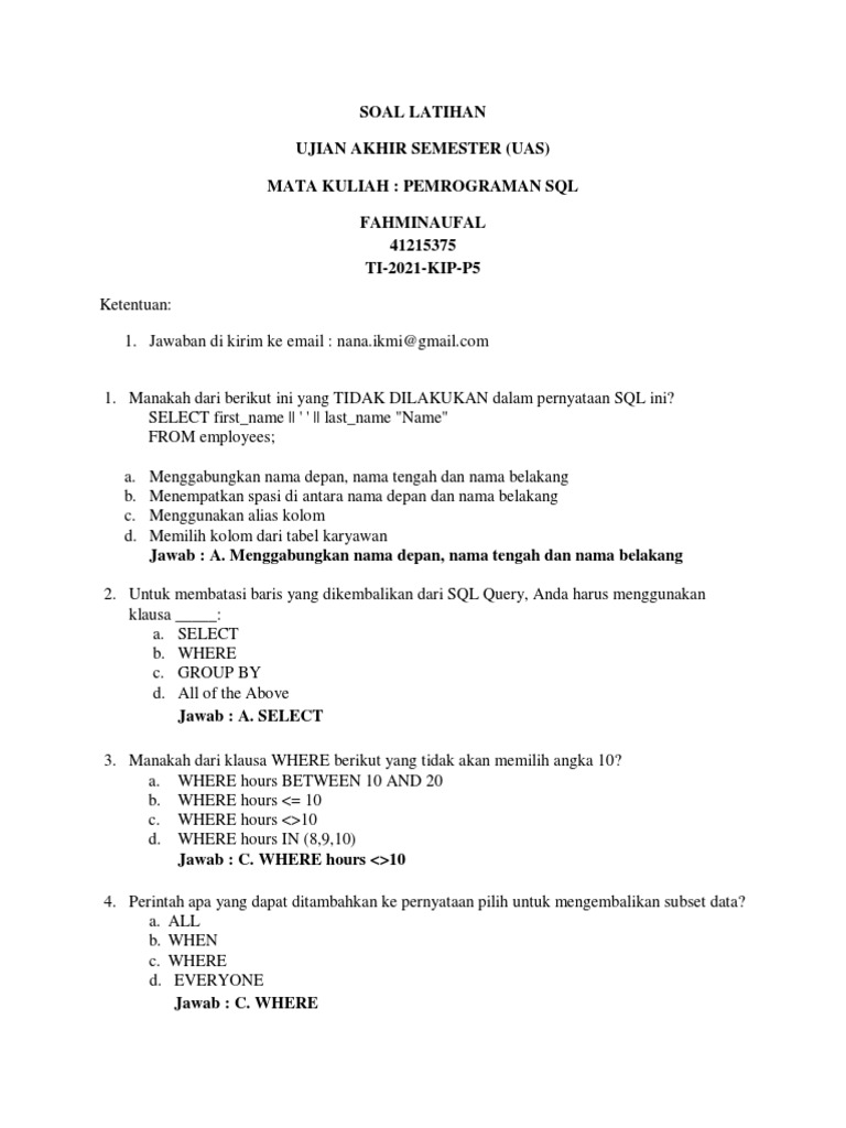 SOAL LATIHAN UAS SQL 2022 Fahmi Naufal 41215375 | PDF