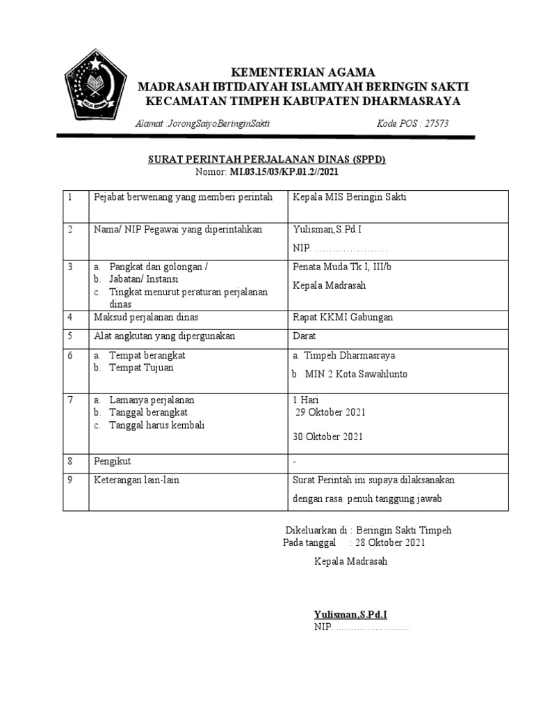 Contoh SPPD Sekolah Swasta Terbaru | PDF