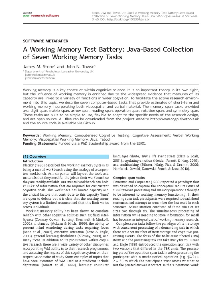 A Working Memory Test Battery Java-Based Collection of Seven Working ...