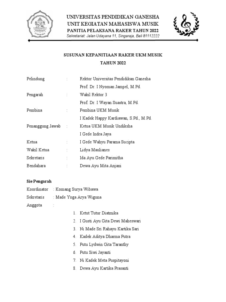 Rencana Kerja Panitia Raker UKM Musik Universitas Pendidikan Ganesha 2022 | PDF