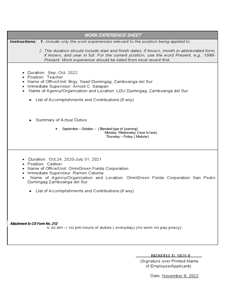 Work Experience Sheet for DepEd Application | PDF