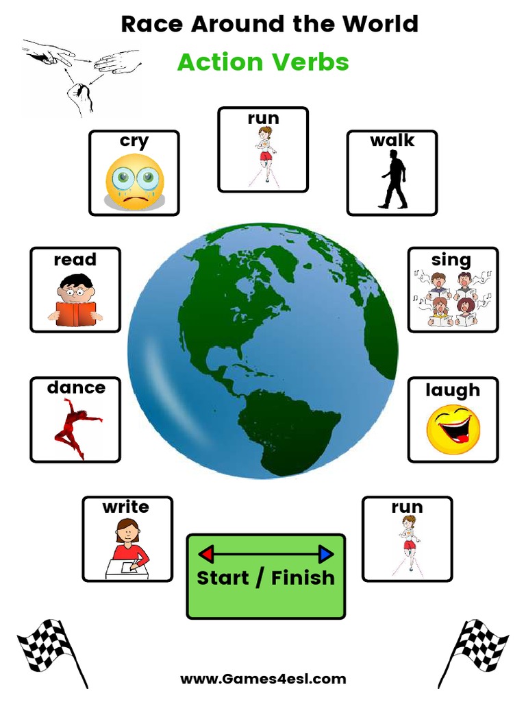 Action Verbs Board Game Race Around The World | PDF | Language Arts ...