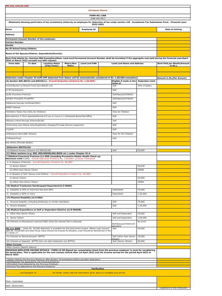 Investment Declaration Format FY 2022-23 | PDF | Loans | Interest Investment Declaration Format FY 2022-23 | PDF | Loans | Interest