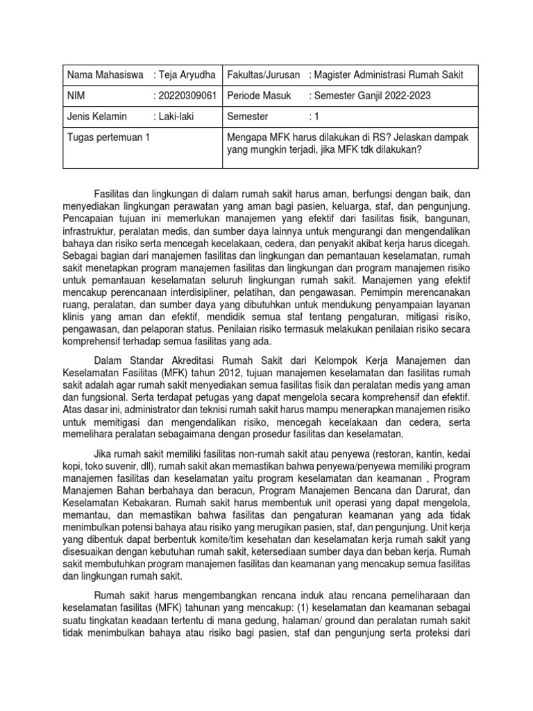 Tugas 1. MFK Di RS Dan Dampakanya - Teja Aryudha | PDF