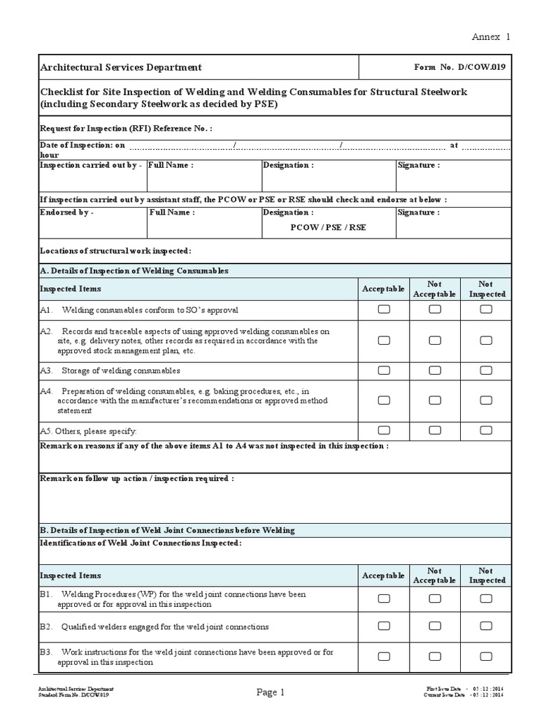 Annex 5 - Checklist For Site Inspection of Welding and Welding ...