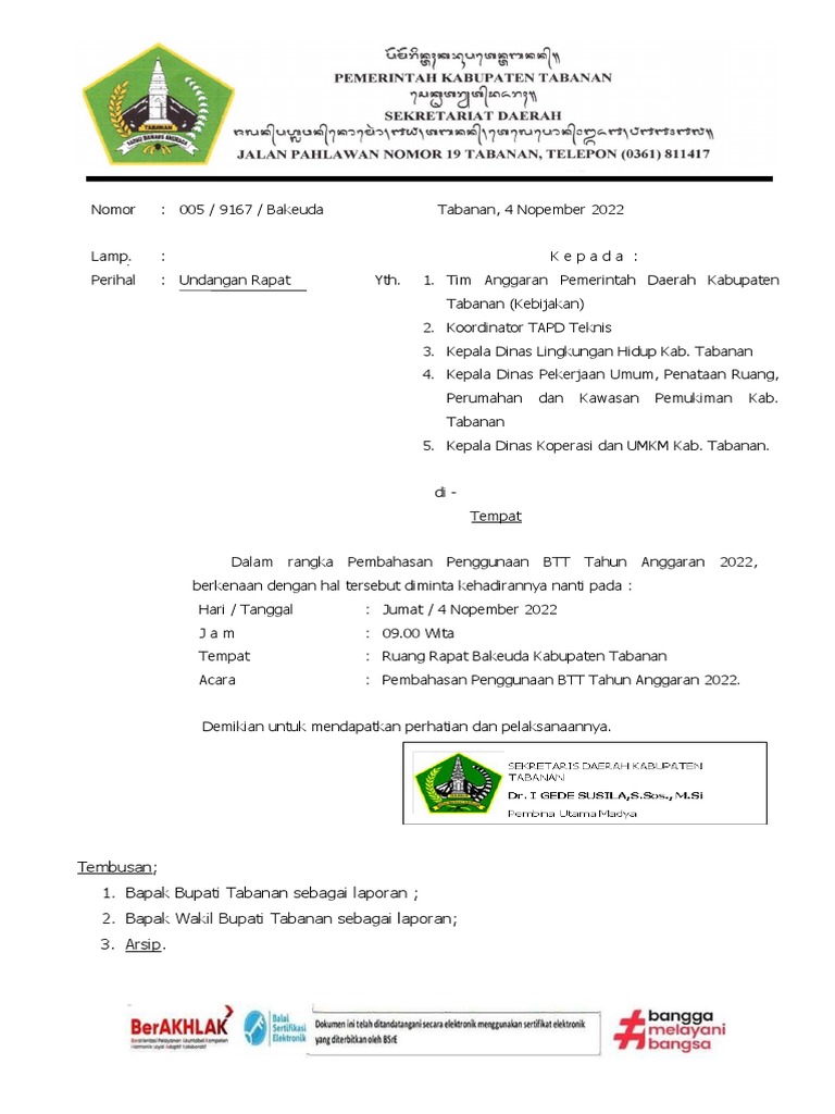 SURAT UNDANGAN RAPAT TAPD 04112022-Penggunaan BTT | PDF