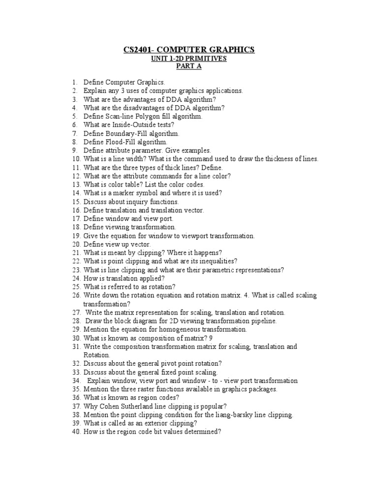 Cs2401-Computer Graphics: Unit 1-2D Primitives Part A | PDF | Shader | Computer Graphics