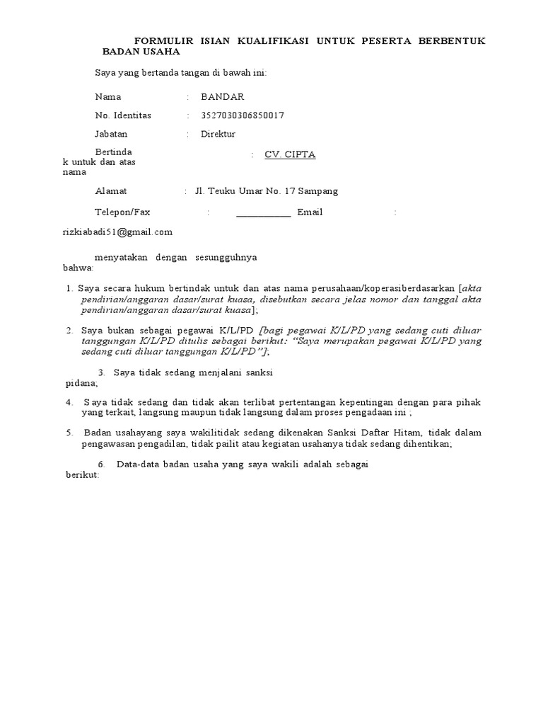 Formulir Isian Kualifikasi Untuk Peserta Berbentuk Badan Usaha | PDF